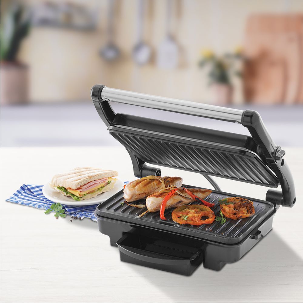 Panini Grill, asa fría al tacto, bandeja recolectora de grasas y luces ...